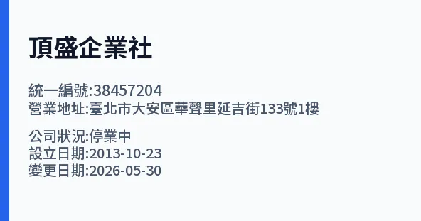 頂盛企業社的照片-統編 38457204(臺北市) 公司登記資料與營業項目詳細圖表