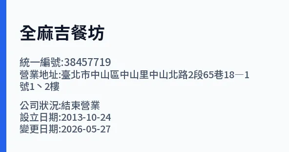 全麻吉餐坊的照片-統編 38457719(臺北市) 公司登記資料與營業項目詳細圖表