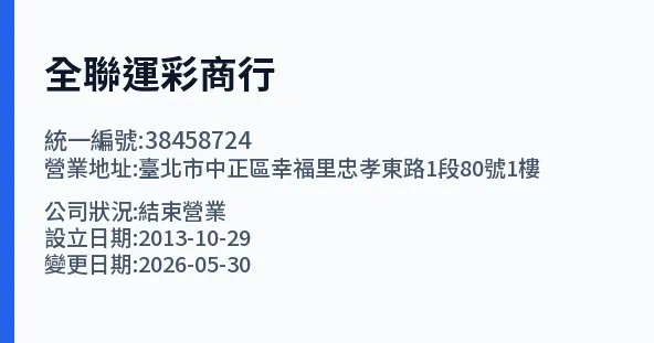 全聯運彩商行的照片-統編 38458724(臺北市) 公司登記資料與營業項目詳細圖表