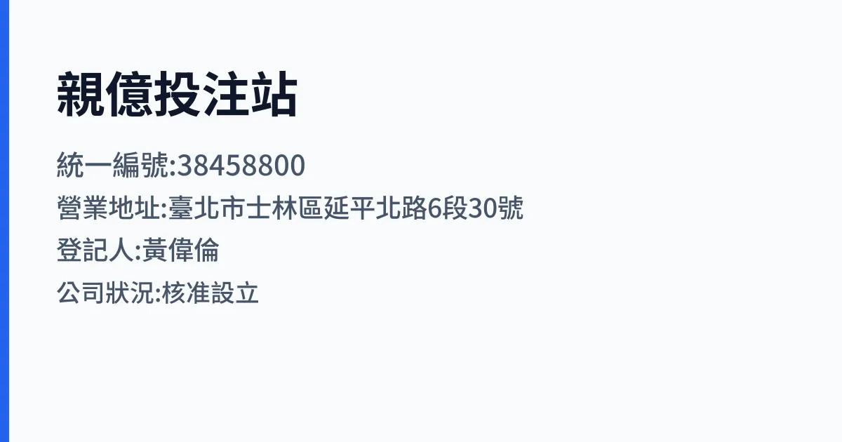 親億投注站 - 統編 38458800(臺北市) 公司登記資料與營業項目詳細圖表