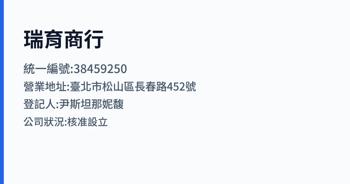 瑞育商行 - 統編 38459250(臺北市) 公司登記資料與營業項目詳細圖表
