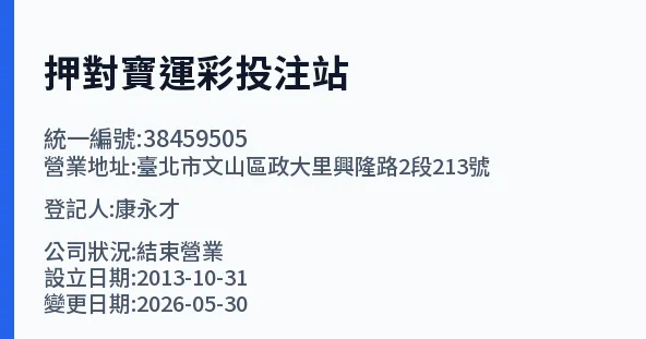 押對寶運彩投注站的照片-統編 38459505(臺北市) 公司登記資料與營業項目詳細圖表