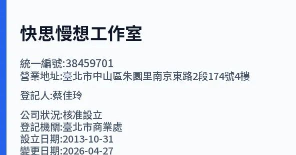 快思慢想工作室的照片-統編 38459701(臺北市) 公司登記資料與營業項目詳細圖表