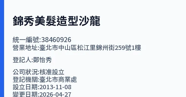 錦秀美髮造型沙龍的照片-統編 38460926(臺北市) 公司登記資料與營業項目詳細圖表