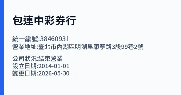 包連中彩券行的照片-統編 38460931(臺北市) 公司登記資料與營業項目詳細圖表