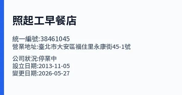 照起工早餐店的照片-統編 38461045(臺北市) 公司登記資料與營業項目詳細圖表
