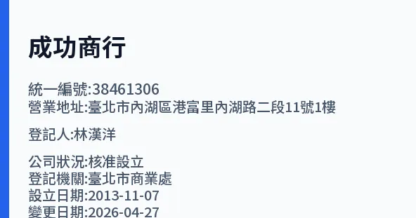 成功商行的照片-統編 38461306(臺北市) 公司登記資料與營業項目詳細圖表