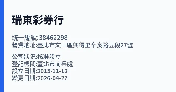 瑞東彩券行的照片-統編 38462298(臺北市) 公司登記資料與營業項目詳細圖表