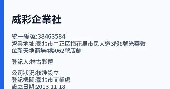 威彩企業社的照片-統編 38463584(臺北市) 公司登記資料與營業項目詳細圖表