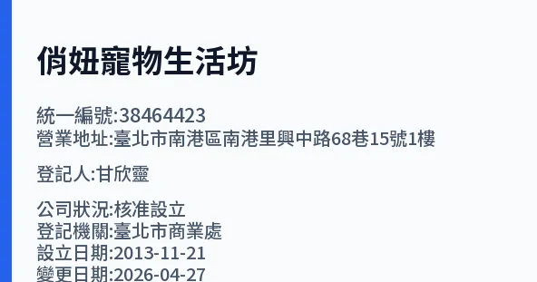 俏妞寵物生活坊的照片-統編 38464423(臺北市) 公司登記資料與營業項目詳細圖表