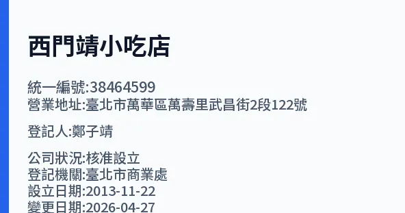 西門靖小吃店的照片-統編 38464599(臺北市) 公司登記資料與營業項目詳細圖表