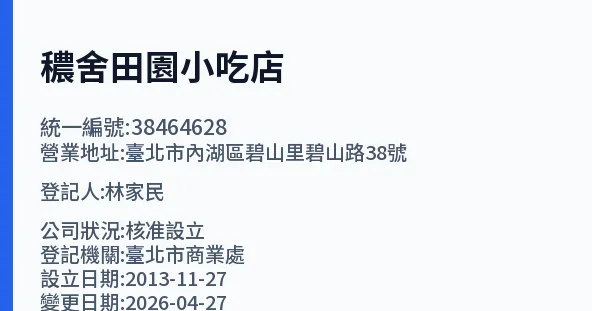 穠舍田園小吃店的照片-統編 38464628(臺北市) 公司登記資料與營業項目詳細圖表
