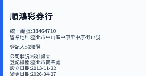 順鴻彩券行的照片-統編 38464710(臺北市) 公司登記資料與營業項目詳細圖表