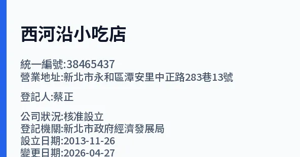 西河沿小吃店的照片-統編 38465437(新北市) 公司登記資料與營業項目詳細圖表