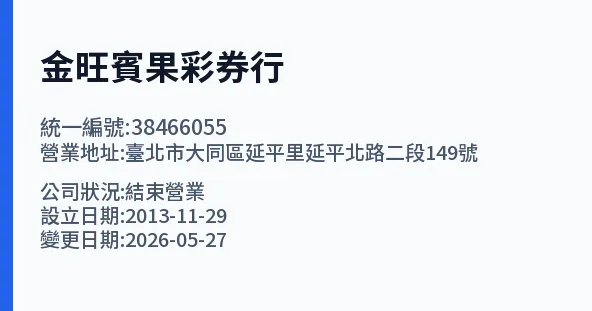 金旺賓果彩券行的照片-統編 38466055(臺北市) 公司登記資料與營業項目詳細圖表