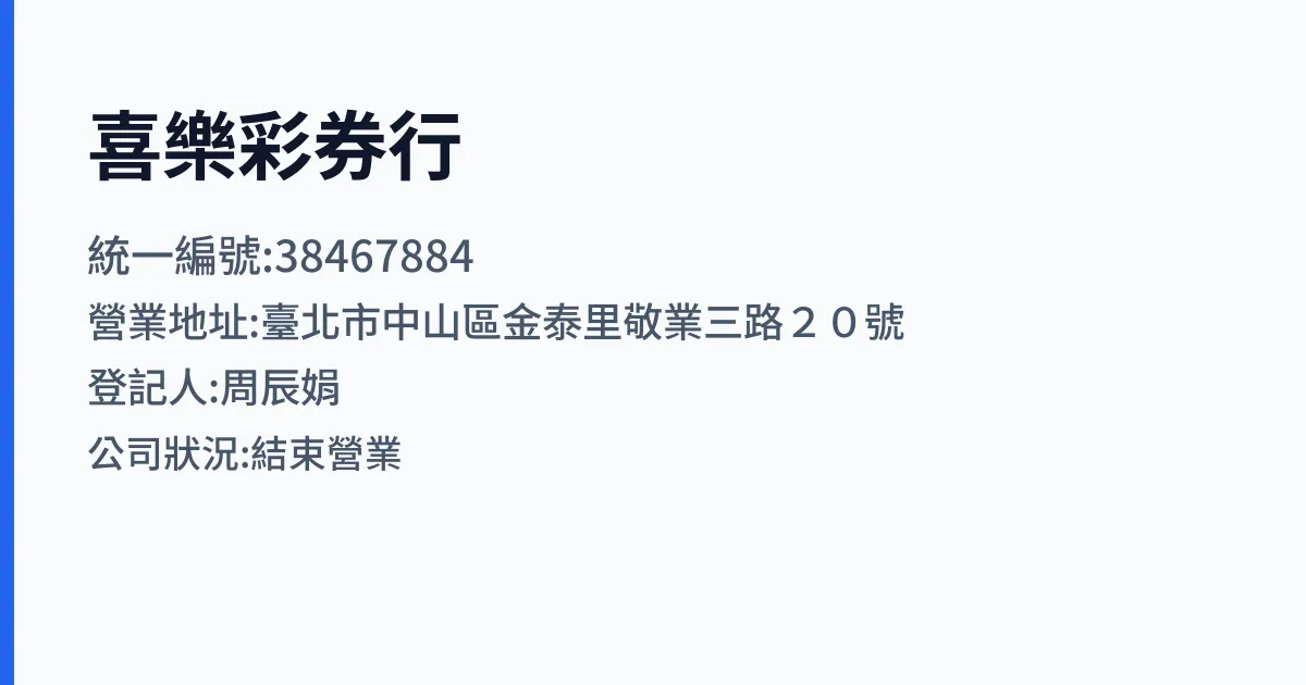 喜樂彩券行 - 統編 38467884(臺北市) 公司登記資料與營業項目詳細圖表