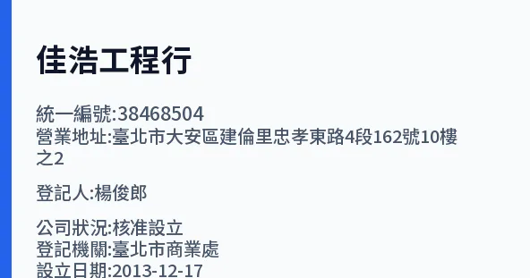 佳浩工程行的照片-統編 38468504(臺北市) 公司登記資料與營業項目詳細圖表