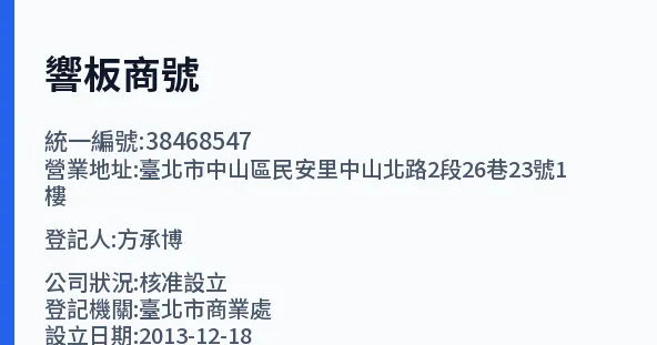響板商號的照片-統編 38468547(臺北市) 公司登記資料與營業項目詳細圖表