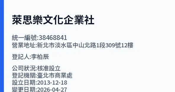 萊思樂文化企業社的照片-統編 38468841(新北市) 公司登記資料與營業項目詳細圖表