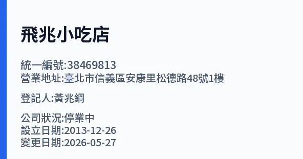 飛兆小吃店的照片-統編 38469813(臺北市) 公司登記資料與營業項目詳細圖表