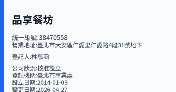 品享餐坊的照片-統編 38470558(臺北市) 公司登記資料與營業項目詳細圖表