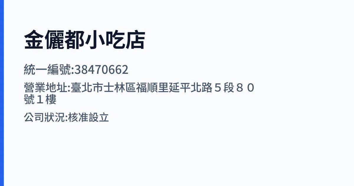 金儷都小吃店 - 統編 38470662(臺北市) 公司登記資料與營業項目詳細圖表