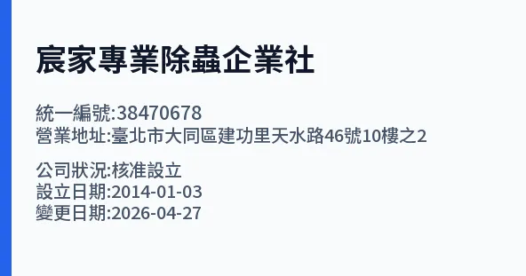 宸家專業除蟲企業社的照片-統編 38470678(臺北市) 公司登記資料與營業項目詳細圖表