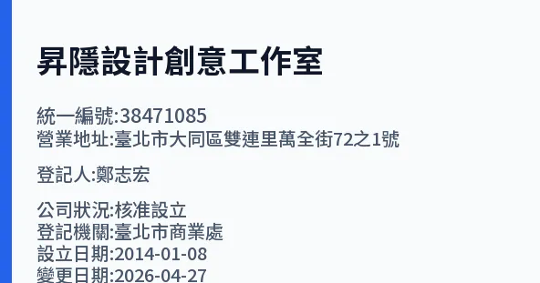昇隱設計創意工作室的照片-統編 38471085(臺北市) 公司登記資料與營業項目詳細圖表