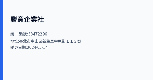 勝意企業社的照片-統編 38472296(臺北市) 公司登記資料與營業項目詳細圖表