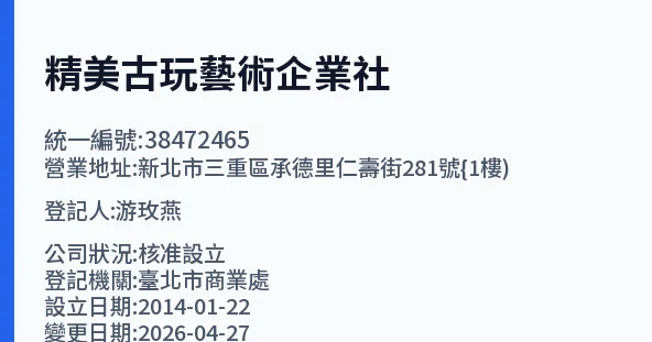 精美古玩藝術企業社的照片-統編 38472465(新北市) 公司登記資料與營業項目詳細圖表