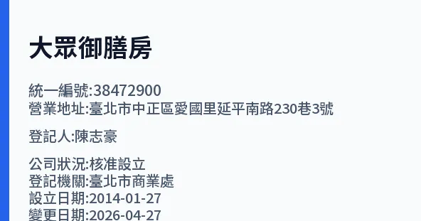 大眾御膳房的照片-統編 38472900(臺北市) 公司登記資料與營業項目詳細圖表