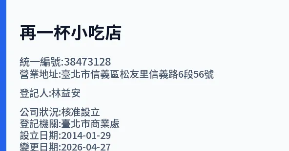 再一杯小吃店的照片-統編 38473128(臺北市) 公司登記資料與營業項目詳細圖表