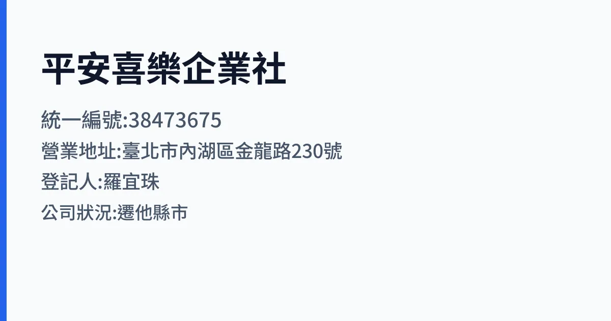 平安喜樂企業社 - 統編 38473675(苗栗縣) 公司登記資料與營業項目詳細圖表