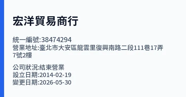 宏洋貿易商行的照片-統編 38474294(臺北市) 公司登記資料與營業項目詳細圖表