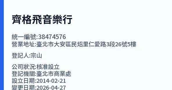 齊格飛音樂行的照片-統編 38474576(臺北市) 公司登記資料與營業項目詳細圖表