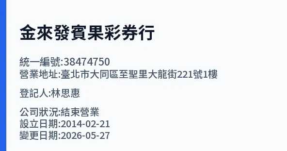 金來發賓果彩券行的照片-統編 38474750(臺北市) 公司登記資料與營業項目詳細圖表