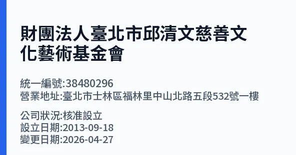 財團法人臺北市邱清文慈善文化藝術基金會的照片-統編 38480296(臺北市) 公司登記資料與營業項目詳細圖表
