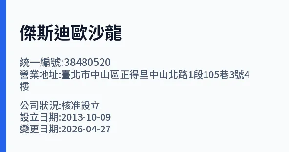 傑斯迪歐沙龍的照片-統編 38480520(臺北市) 公司登記資料與營業項目詳細圖表