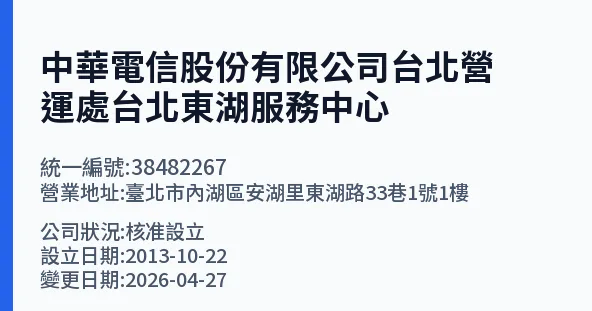 中華電信股份有限公司台北營運處台北東湖服務中心的照片-統編 38482267(臺北市) 公司登記資料與營業項目詳細圖表