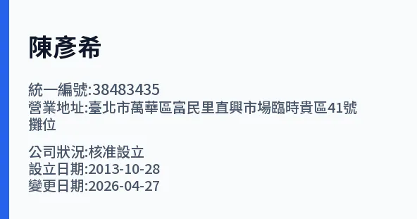 陳彥希的照片-統編 38483435(臺北市) 公司登記資料與營業項目詳細圖表