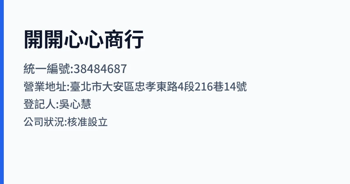 開開心心商行 - 統編 38484687(臺北市) 公司登記資料與營業項目詳細圖表