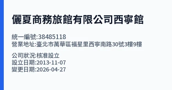 儷夏商務旅館有限公司西寧館的照片-統編 38485118(臺北市) 公司登記資料與營業項目詳細圖表