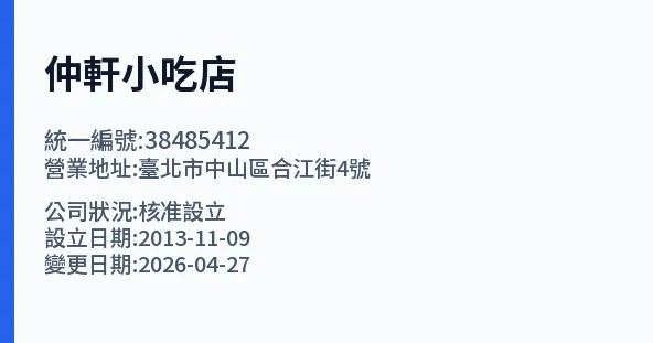 仲軒小吃店的照片-統編 38485412(臺北市) 公司登記資料與營業項目詳細圖表