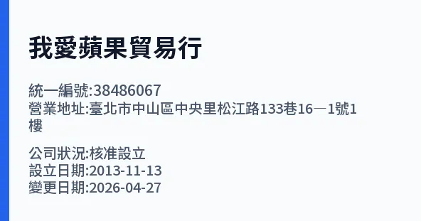 我愛蘋果貿易行的照片-統編 38486067(臺北市) 公司登記資料與營業項目詳細圖表