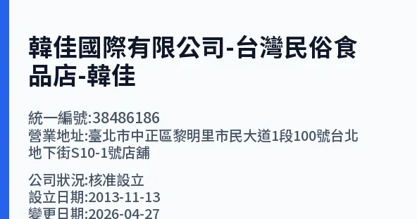 韓佳國際有限公司-台灣民俗食品店-韓佳的照片-統編 38486186(臺北市) 公司登記資料與營業項目詳細圖表