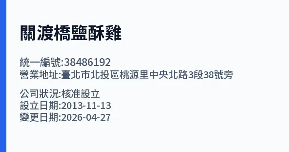 關渡橋鹽酥雞的照片-統編 38486192(臺北市) 公司登記資料與營業項目詳細圖表