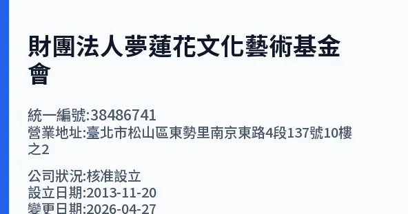 財團法人夢蓮花文化藝術基金會的照片-統編 38486741(臺北市) 公司登記資料與營業項目詳細圖表