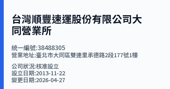 台灣順豐速運股份有限公司大同營業所的照片-統編 38488305(臺北市) 公司登記資料與營業項目詳細圖表