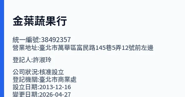 金葉蔬果行的照片-統編 38492357(臺北市) 公司登記資料與營業項目詳細圖表