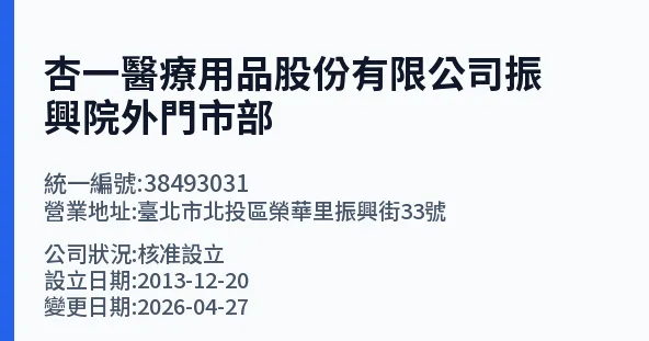 杏一醫療用品股份有限公司振興院外門市部的照片-統編 38493031(臺北市) 公司登記資料與營業項目詳細圖表
